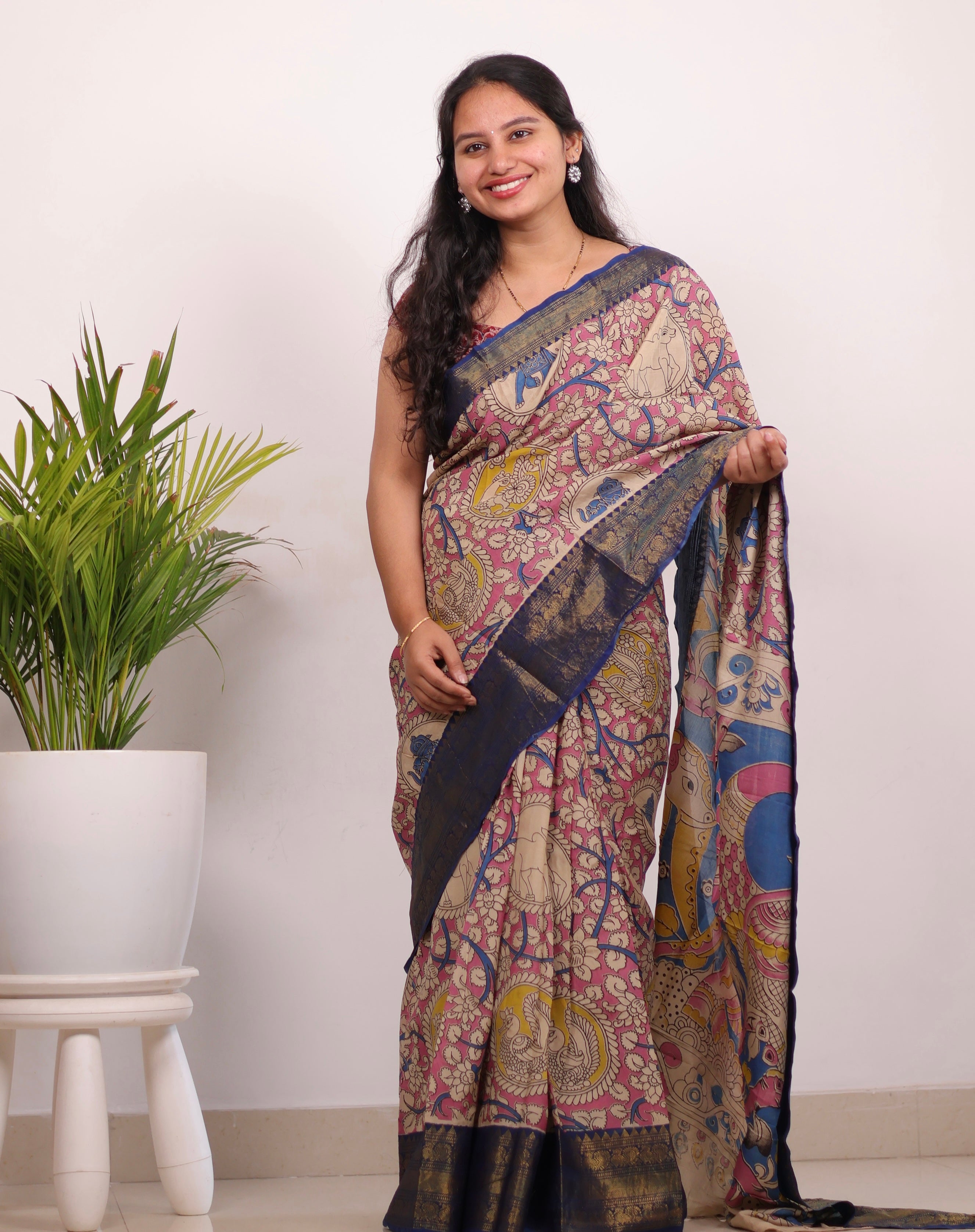 Pink Kanchi border Kalamkari chennur silk saree – Looms & Tassels