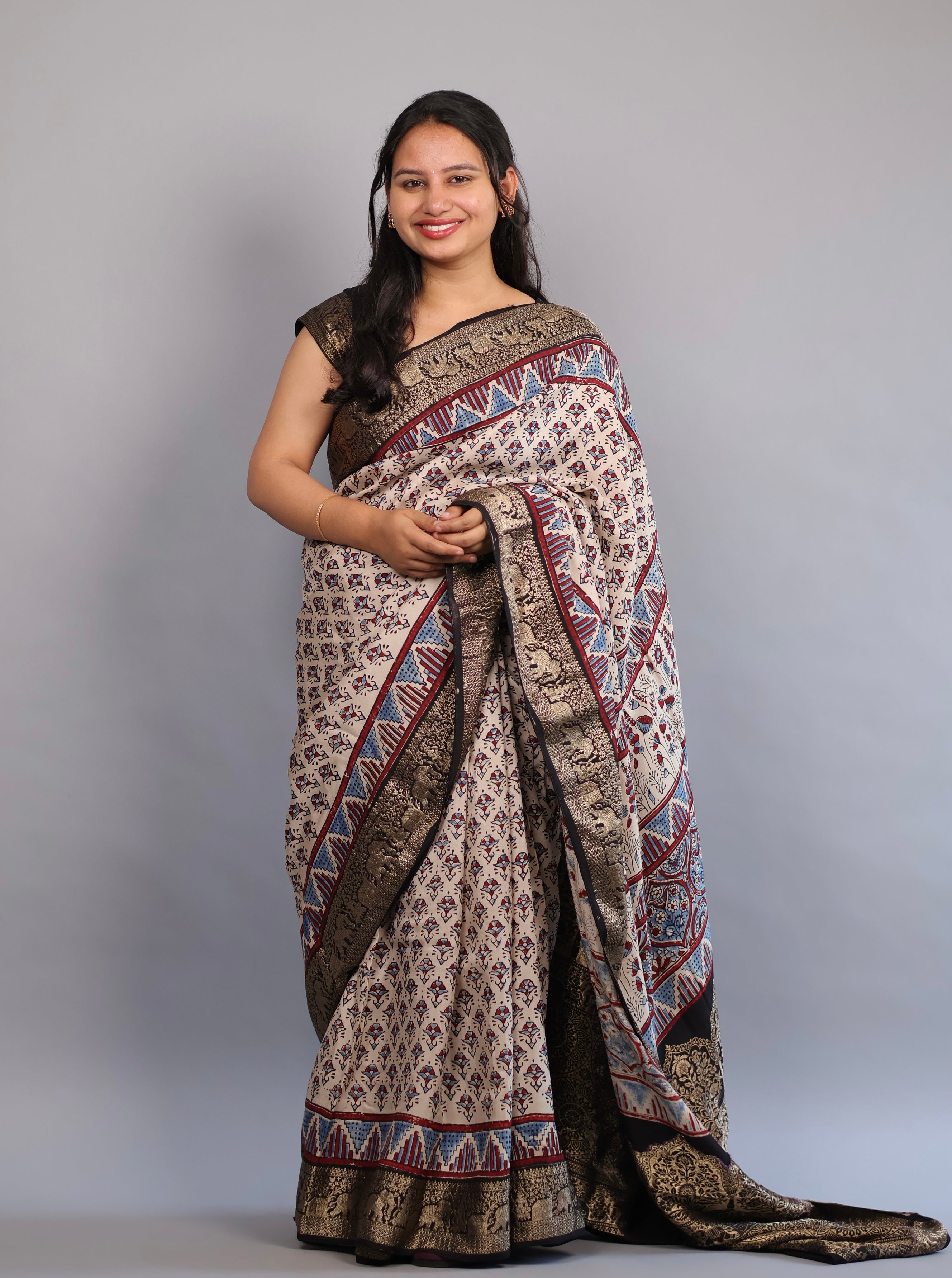 Cream Floral Ajrakh Motifs Handblock printed Dola Silk Saree | Looms ...